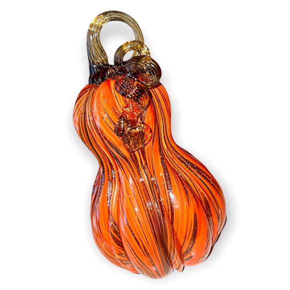 Art | Lrg Blown Glass Gourd Orange Metallic Gold Striped Art Glass ...